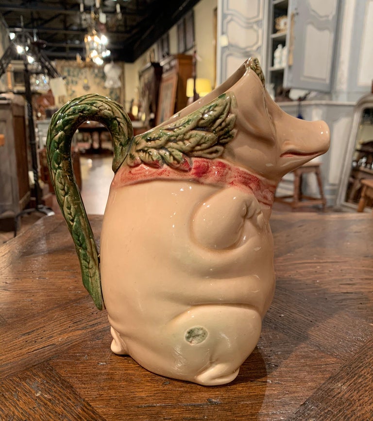19th Century French Hand Painted Ceramic Barbotine Pig Pitcher Onnaing ...