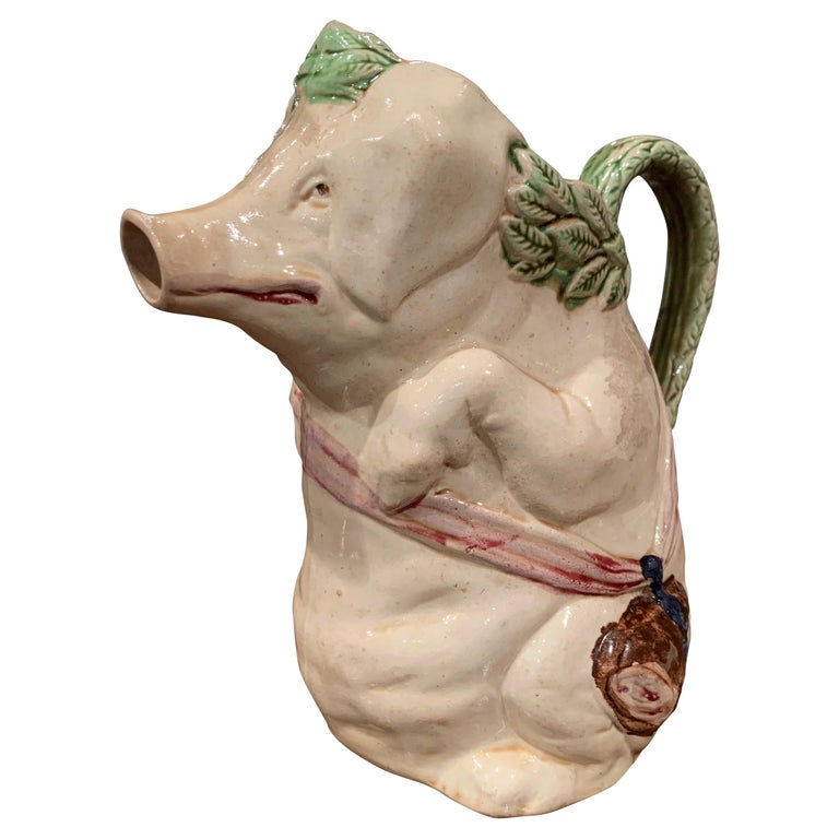 19th Century French Hand Painted Ceramic Barbotine Pig Pitcher Onnaing ...