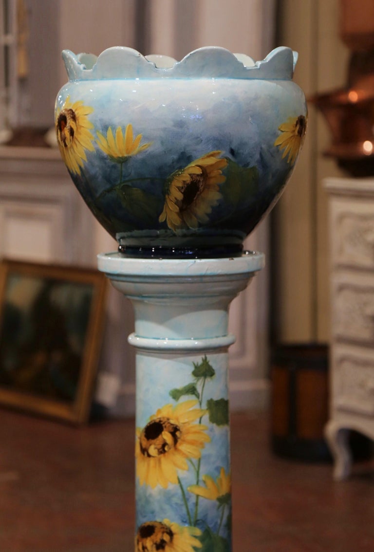 19th Century French Hand Painted Ceramic Planter and Stand Signed D ...