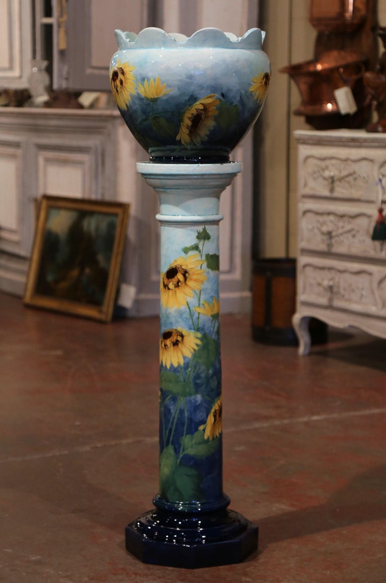 19th Century French Hand Painted Ceramic Planter and Stand Signed D ...