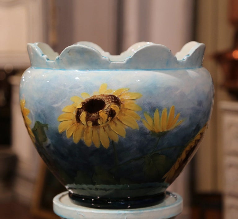 19th Century French Hand Painted Ceramic Planter and Stand Signed D ...