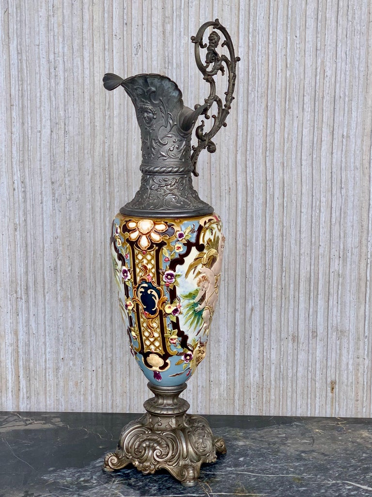 19th Century French Hand Painted Faience Ewer Vase For Sale at 1stDibs