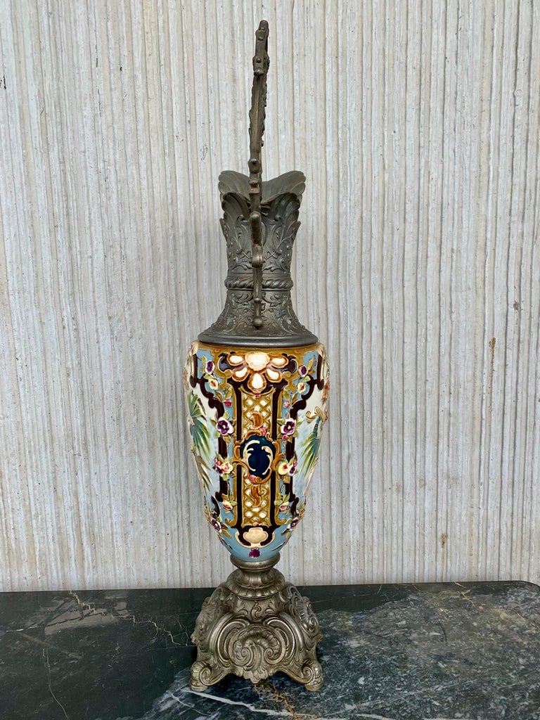 19th Century French Hand Painted Faience Ewer Vase For Sale at 1stDibs