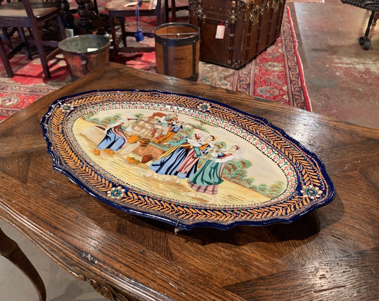 19th Century French Hand Painted Faience Oval Wall Platter Signed HB ...