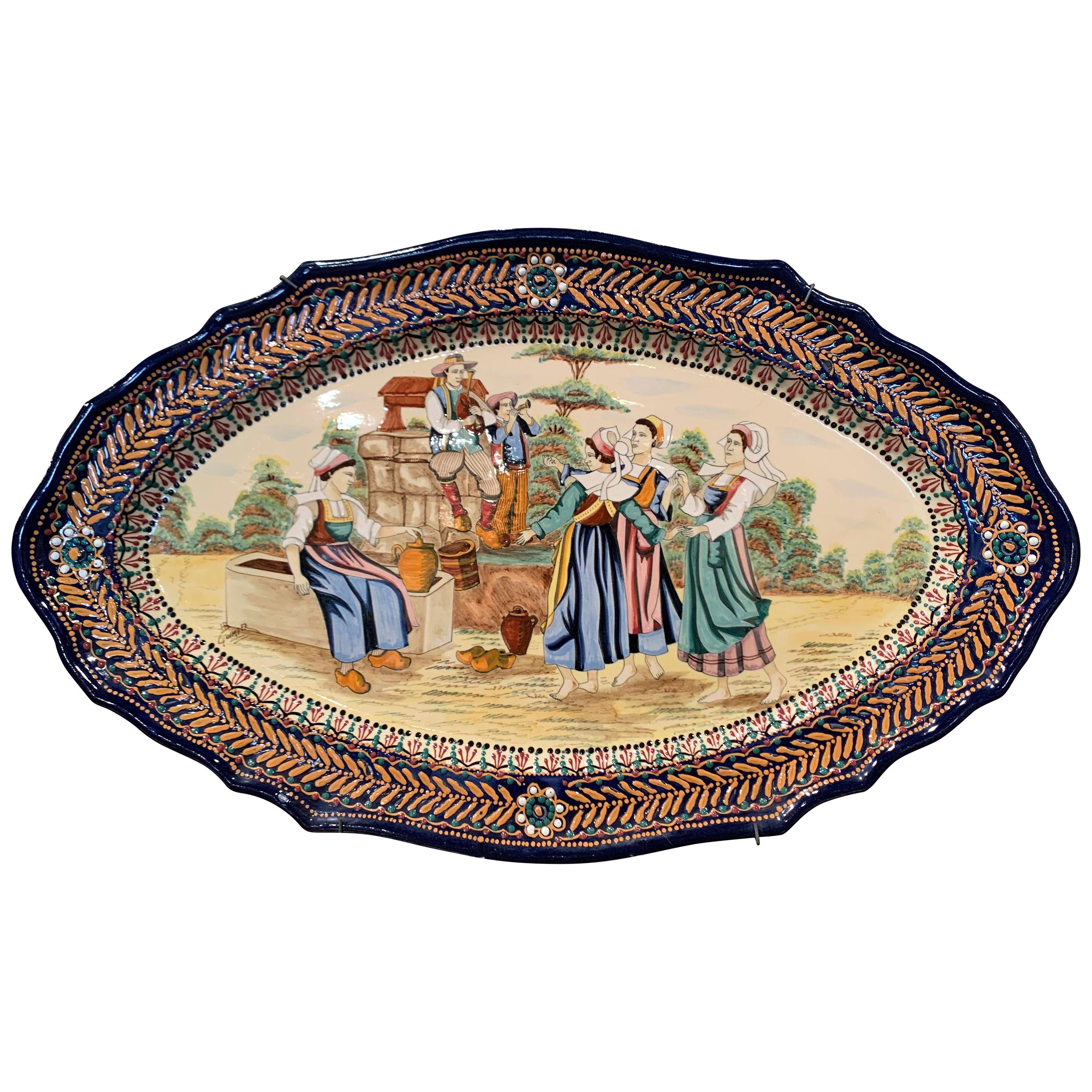19th Century French Hand Painted Faience Oval Wall Platter Signed HB ...