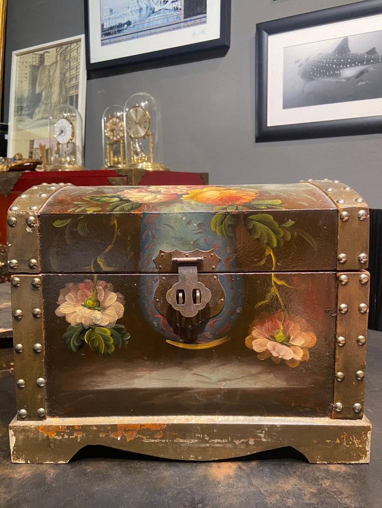 19th Century, French, Hand Painted in Flowers Wooden Box with Metal ...