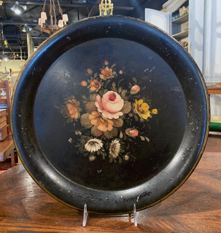 19th Century French Hand Painted Tole Tray with Floral Motifs at 1stDibs
