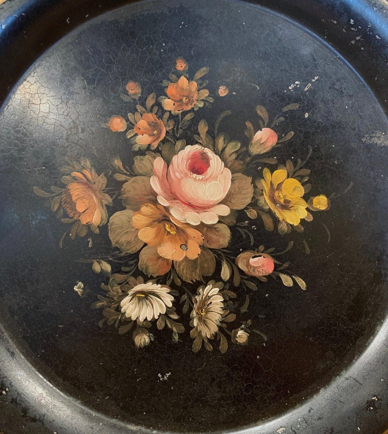 19th Century French Hand Painted Tole Tray with Floral Motifs at 1stDibs