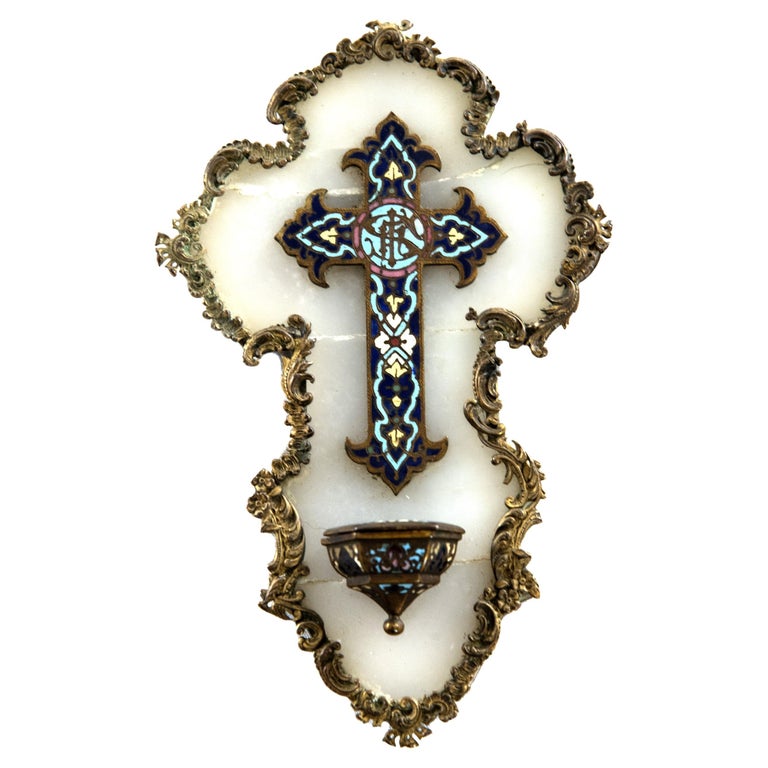 19th Century French Holy Water Stoup or Font of Champleve Enamel and ...