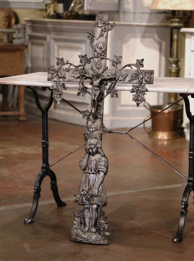 19th Century French Iron Garden Crucifix Cross with Mourner and Vine ...