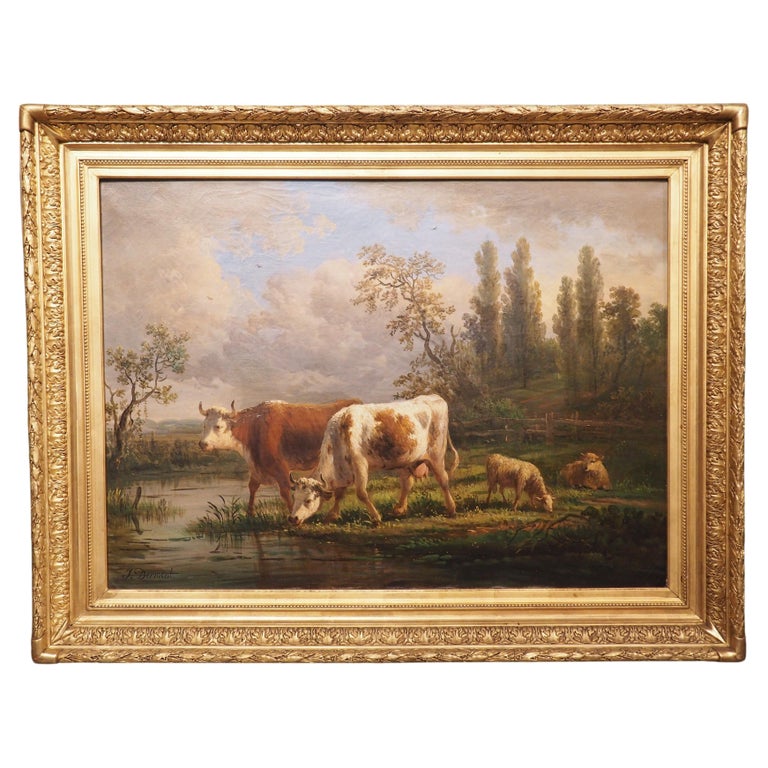 Paysage français du 19ème siècle avec peinture de vaches dans un cadre ...