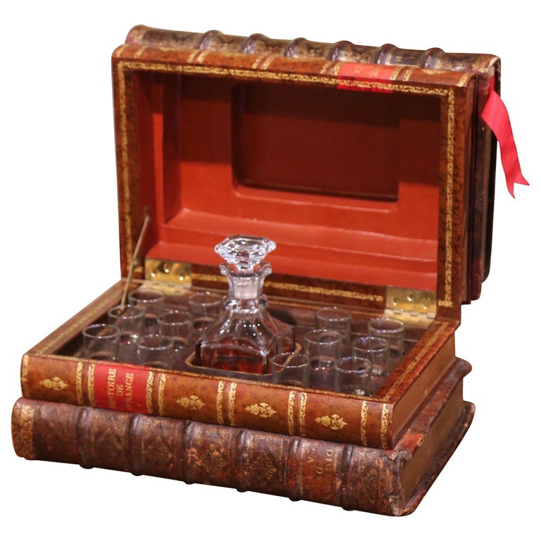 19th Century French Leatherbound Book Liquor Box with Shot Glasses and ...