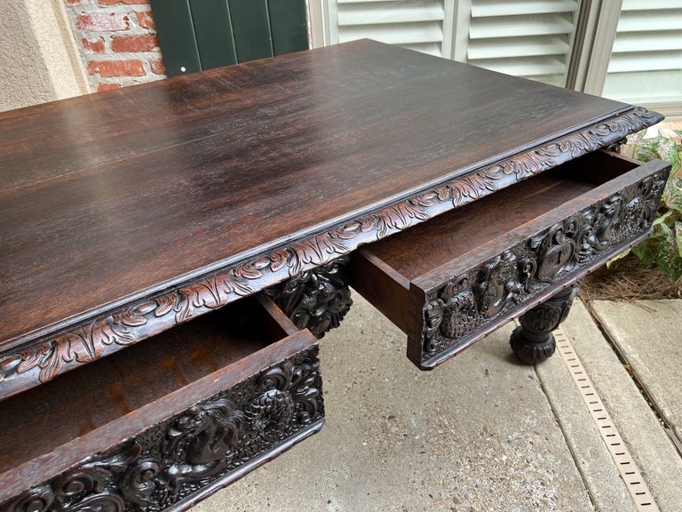 19th Century French Library Writing Desk Table Renaissance Carved Oak ...