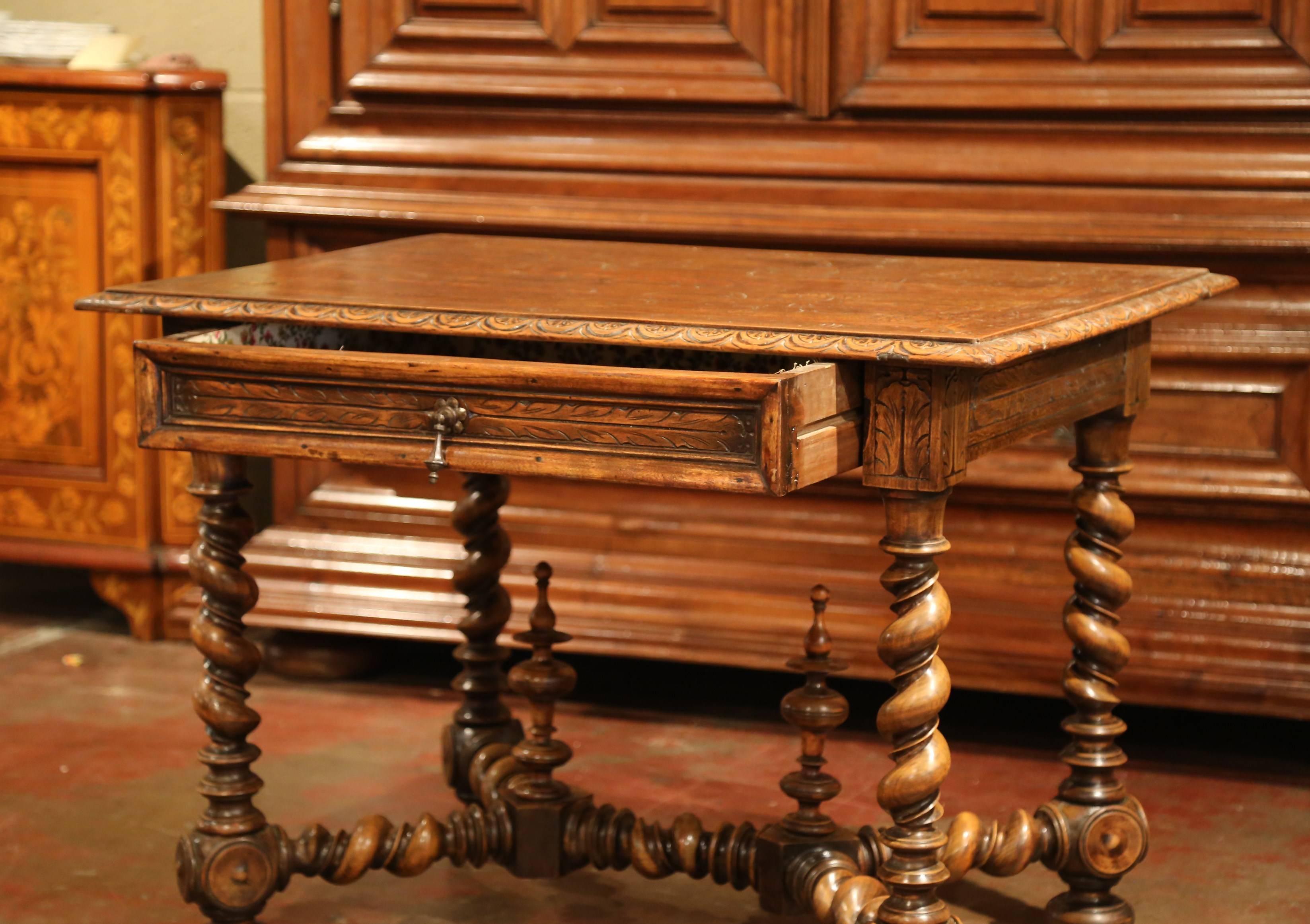 19th Century French Louis XIII Carved Walnut Table Desk with Barley ...