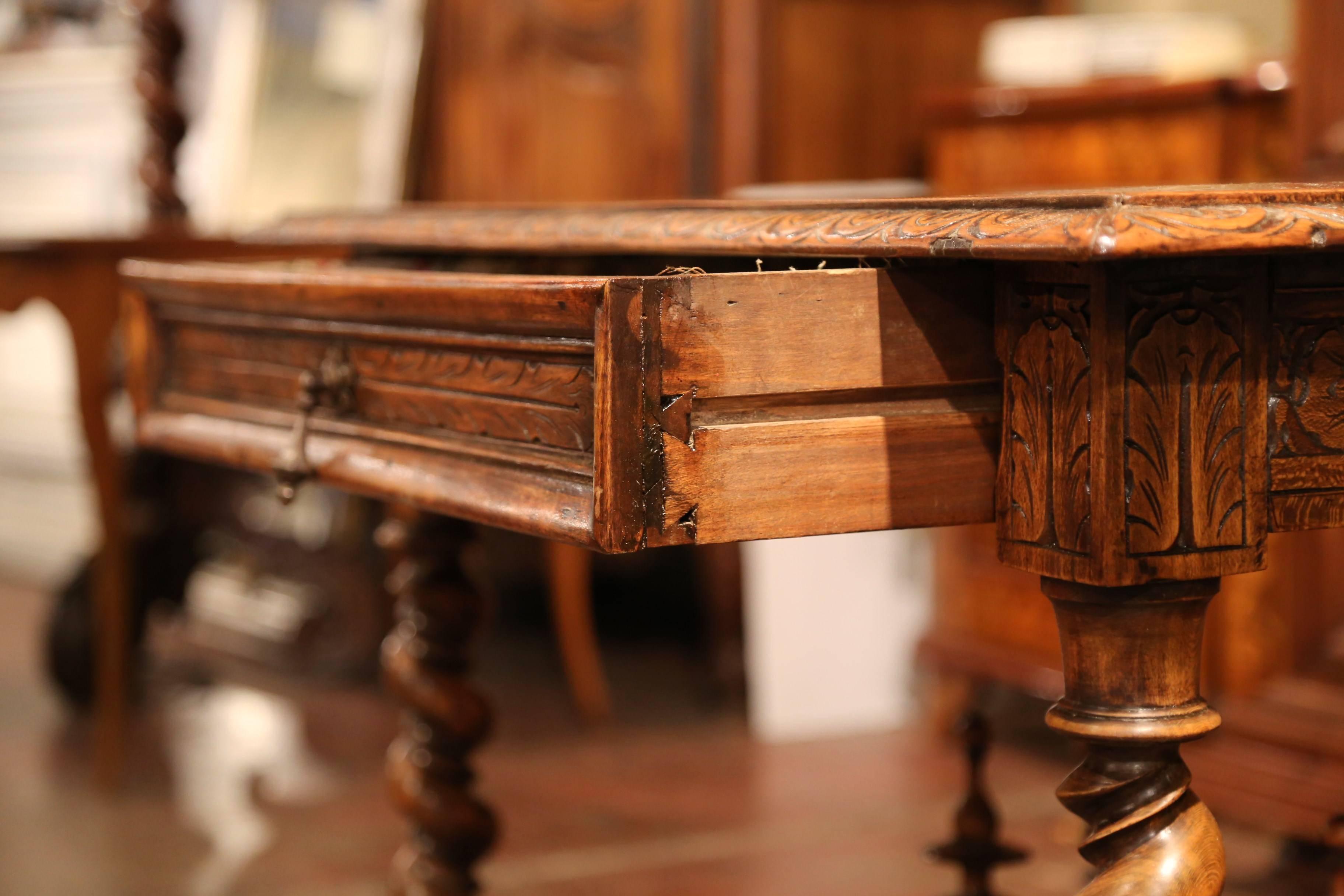 19th Century French Louis XIII Carved Walnut Table Desk with Barley ...