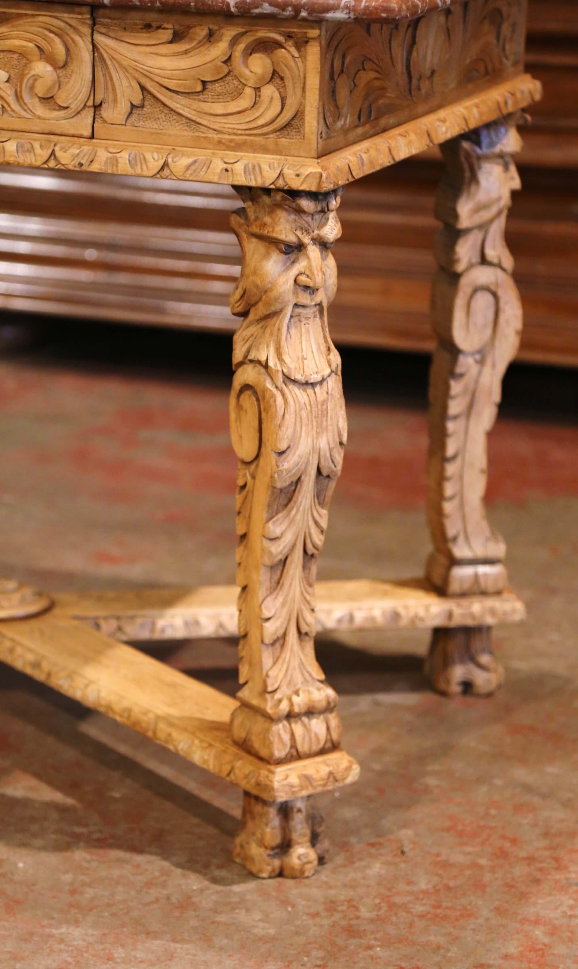 19th Century French Louis XIV Red Marble Top Carved Bleached Oak Table ...