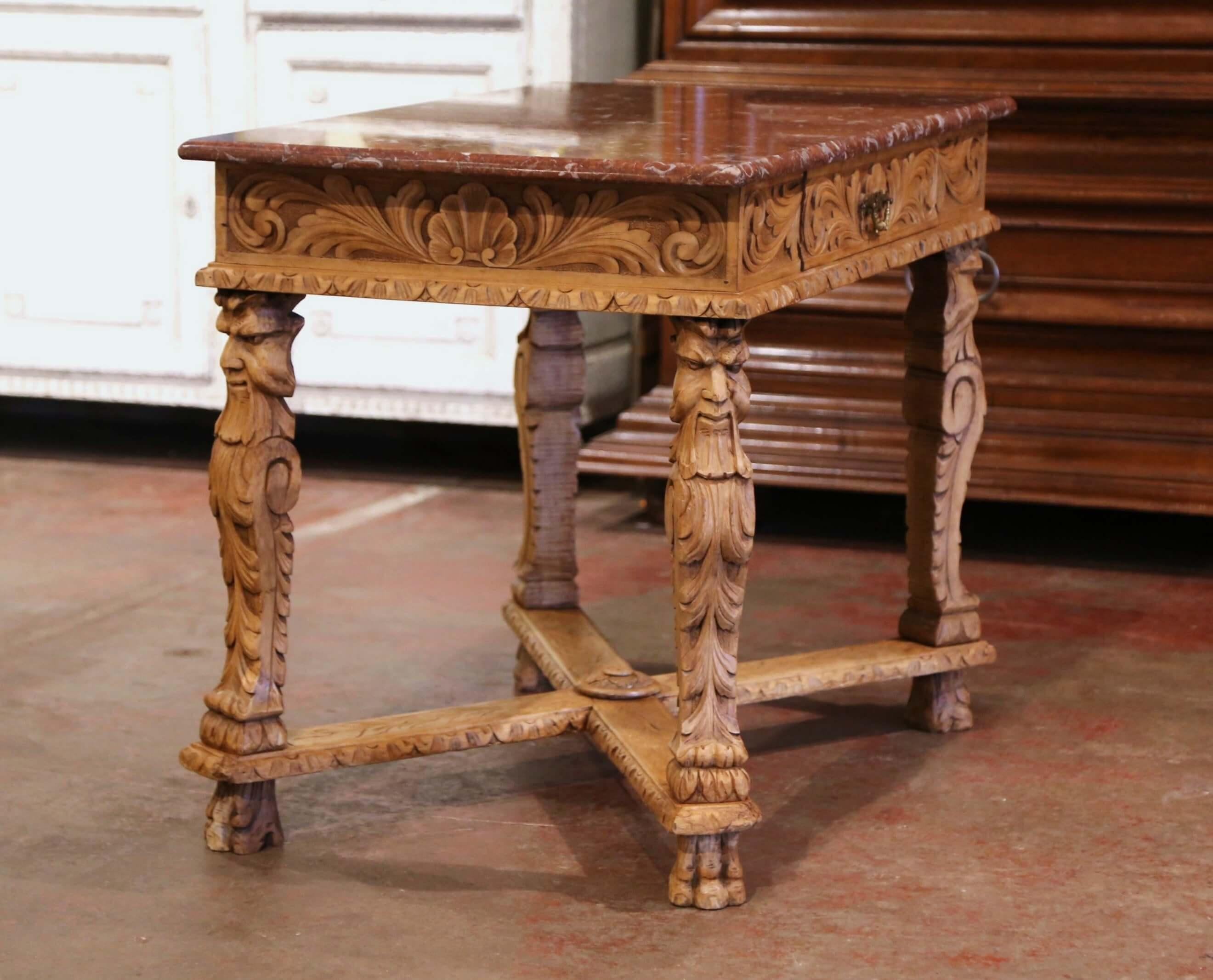 19th Century French Louis XIV Red Marble Top Carved Bleached Oak Table ...