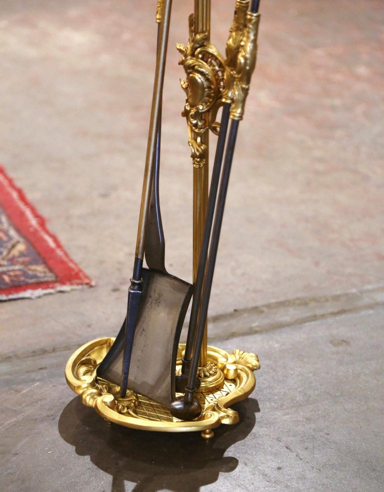 19th Century French Louis XV Bronze Dore Fireplace Tool Set on Stand ...