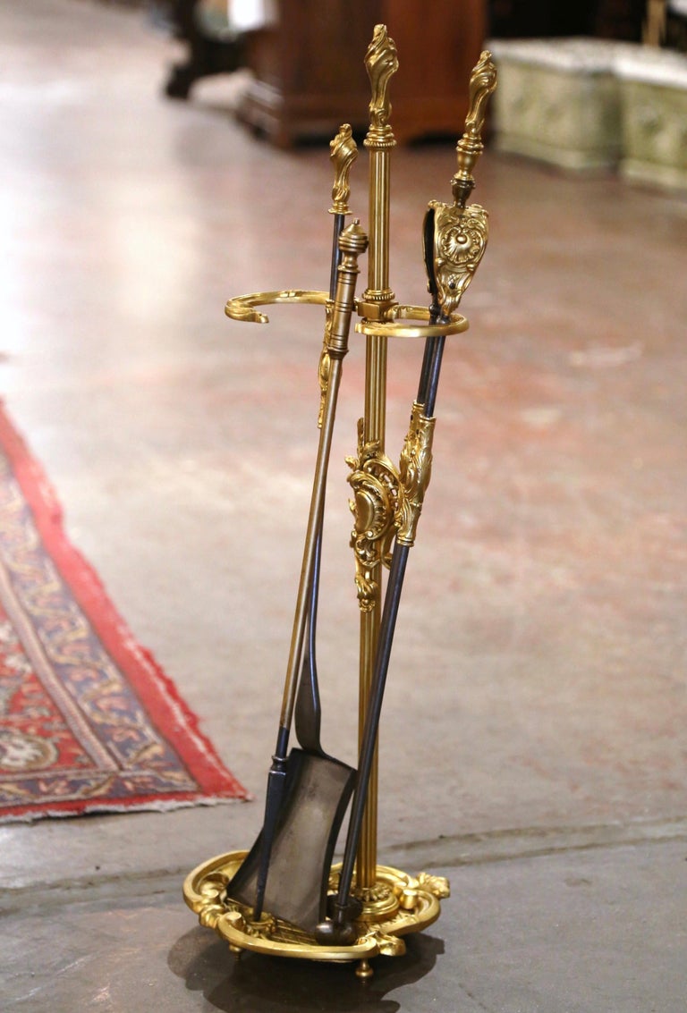19th Century French Louis XV Bronze Dore Fireplace Tool Set on Stand ...