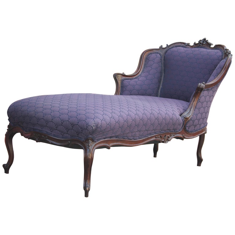 19th Century French Louis XV Carved Walnut Chaise Longue with Purple ...