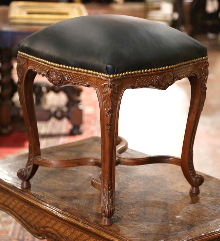 19th Century French Louis XV Carved Walnut Stool with Leather from ...