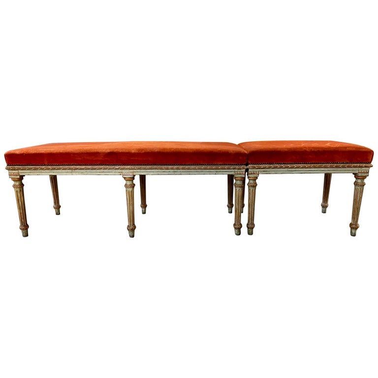 19th Century French Louis XVI Carved and Painted 2 Part Bench at 1stDibs