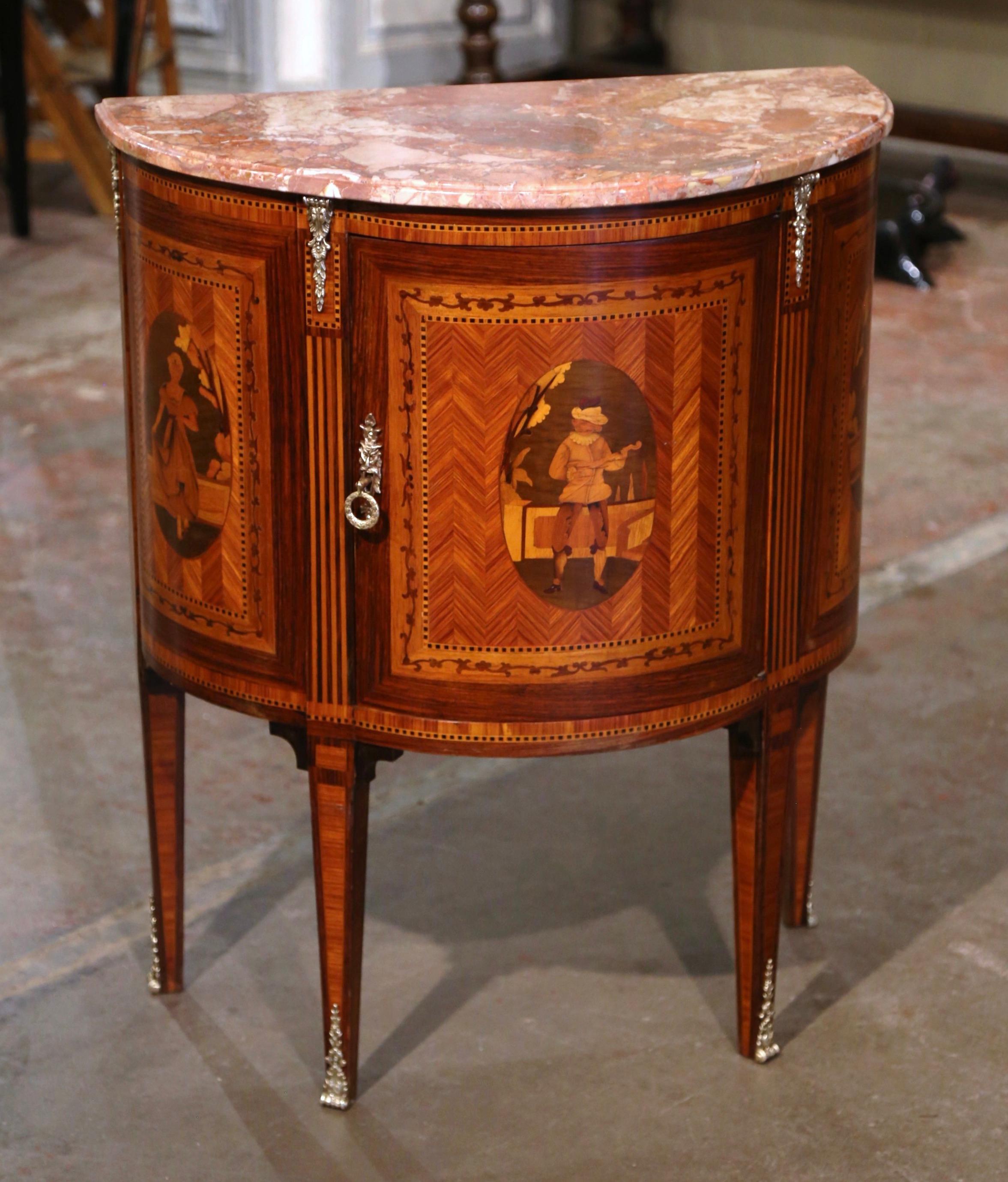 19th Century French Louis XVI Marble Top Walnut Marquetry Demi-Lune ...