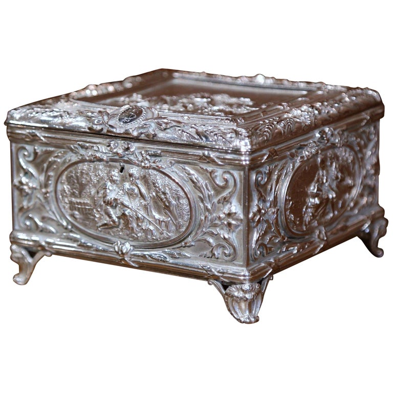 19th Century French Louis XVI Silver on Copper Repoussé Jewelry Casket ...