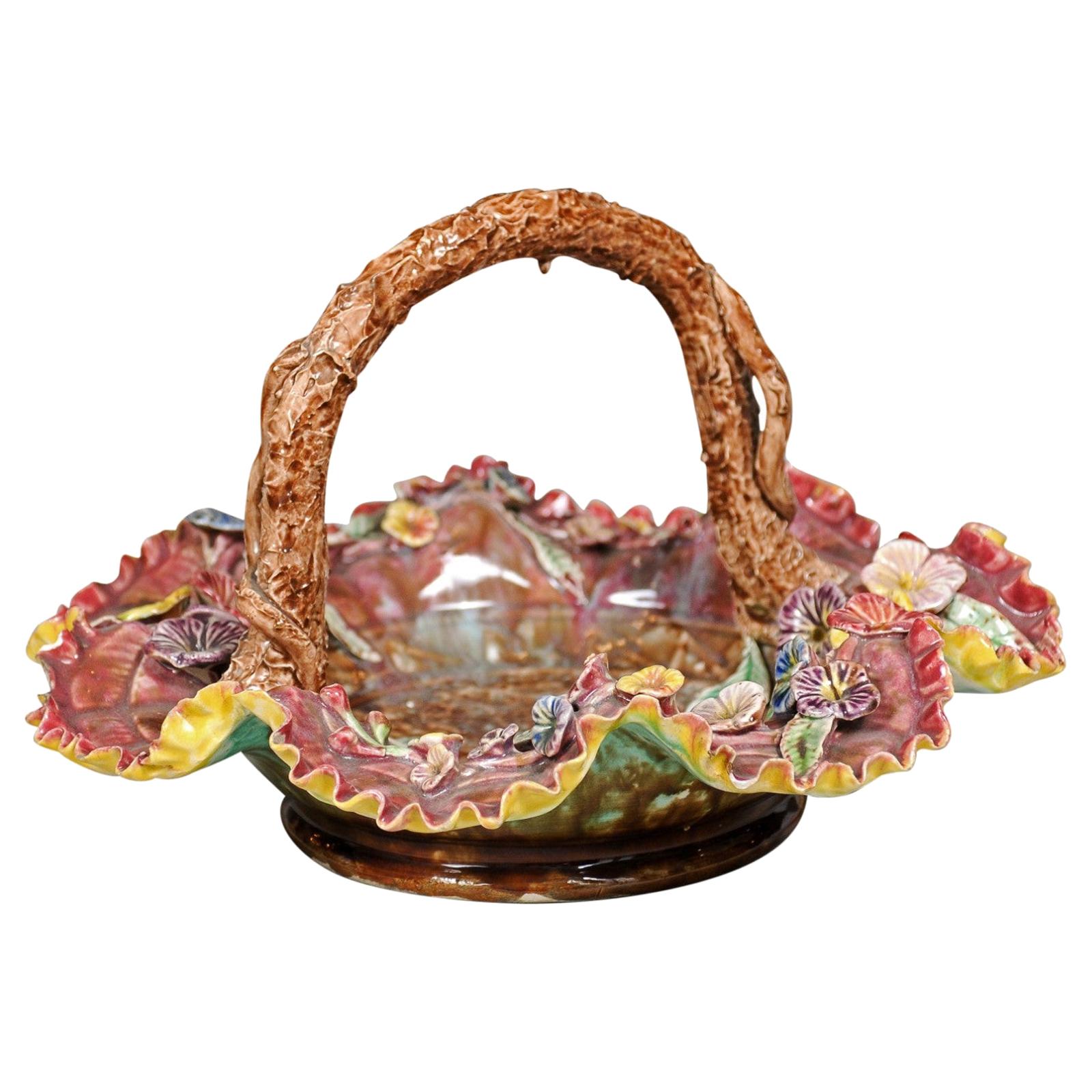 French 19th Century Barbotine Vase with High Relief Pastel Flowers and ...