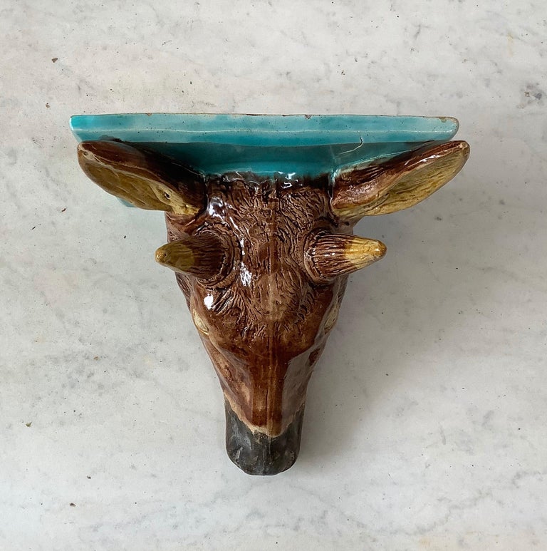 19th Century French Majolica Deer Head Shelf Applique For Sale at 1stDibs