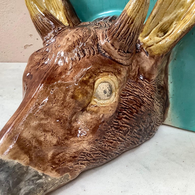 19th Century French Majolica Deer Head Shelf Applique For Sale at 1stDibs