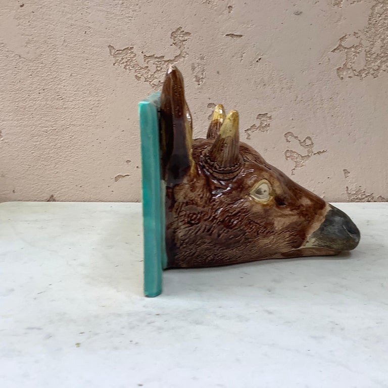 19th Century French Majolica Deer Head Shelf Applique For Sale at 1stDibs