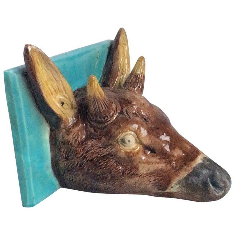 19th Century French Majolica Deer Head Shelf Applique For Sale at 1stDibs