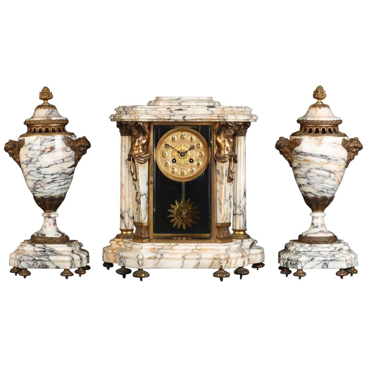 19th Century, French Napoleon 111 Three-Piece Marble Clock Set For Sale ...