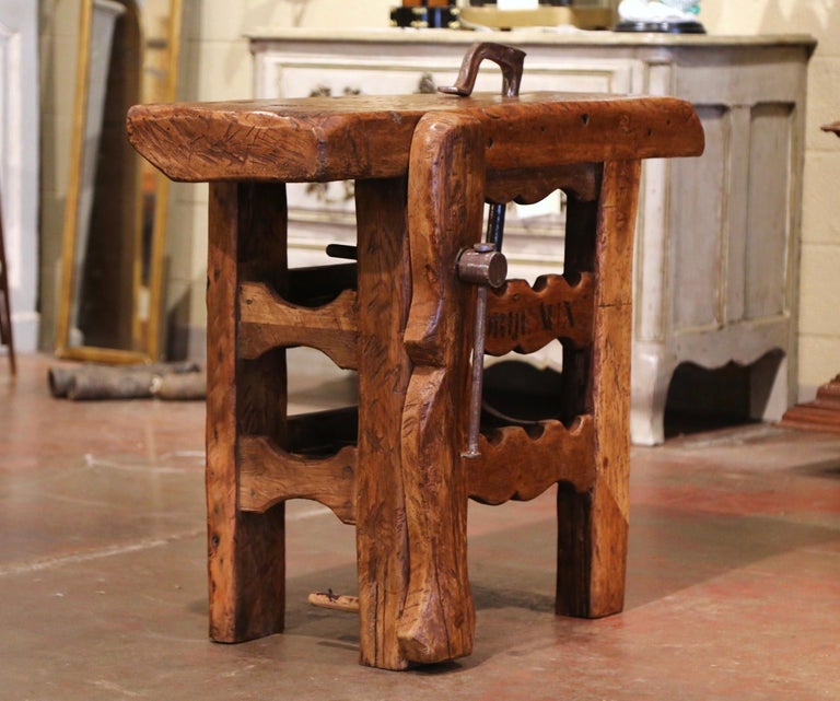 19th Century French Oak Carpenter Press Table with Four-Bottle Storage ...