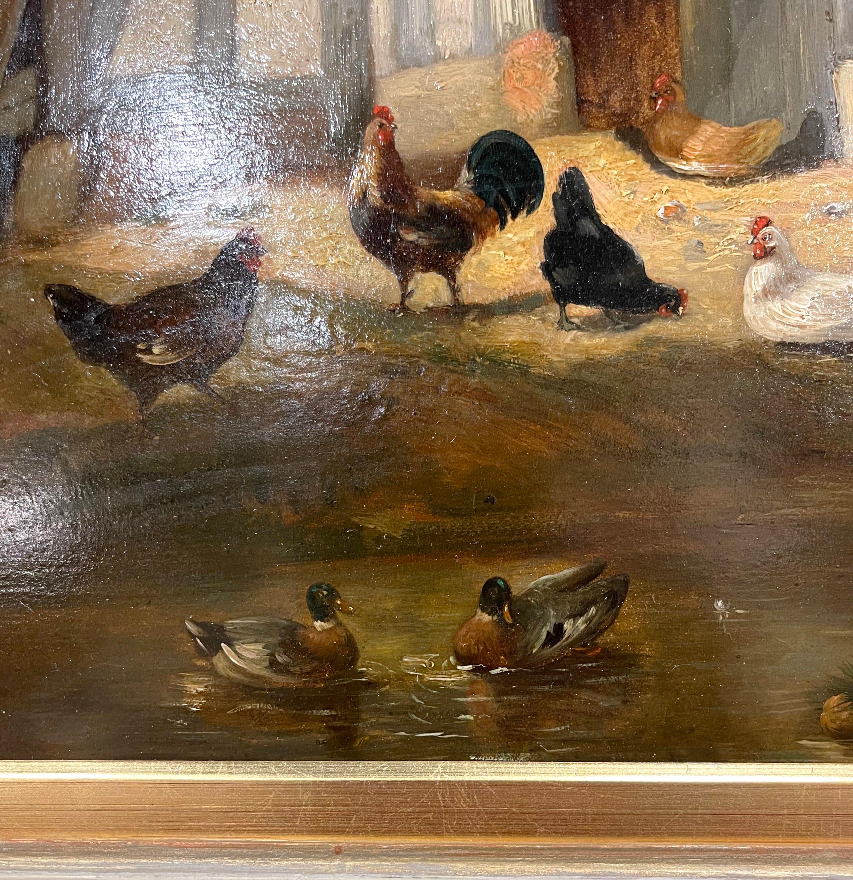 19th Century French Oil on Board Chicken Painting in Carved Gilt Frame ...