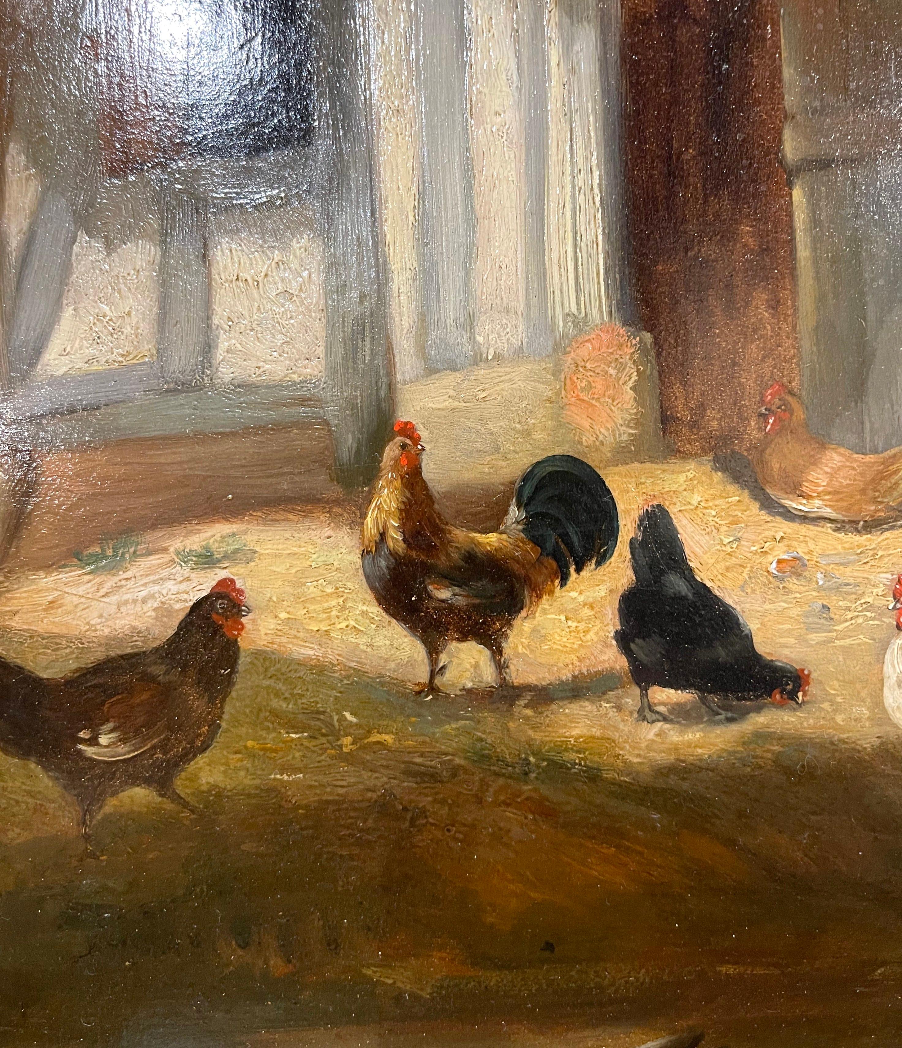 19th Century French Oil on Board Chicken Painting in Carved Gilt Frame ...