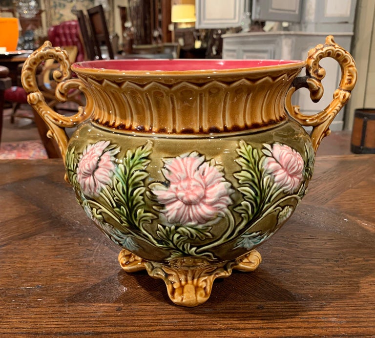 19th Century French Onnaing Barbotine Cachepot with Floral and Leaf ...