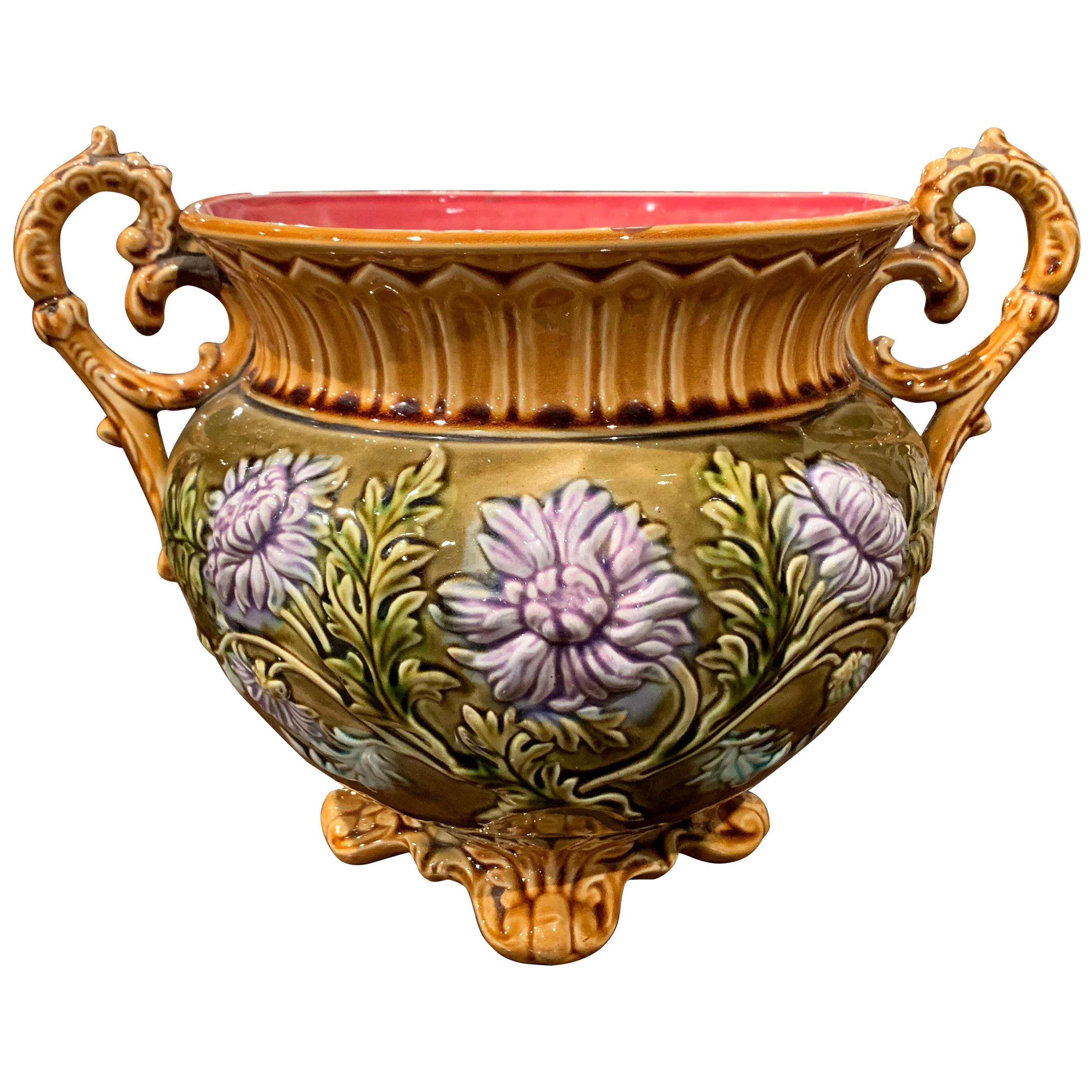 19th Century French Onnaing Barbotine Cachepot with Floral and Leaf ...