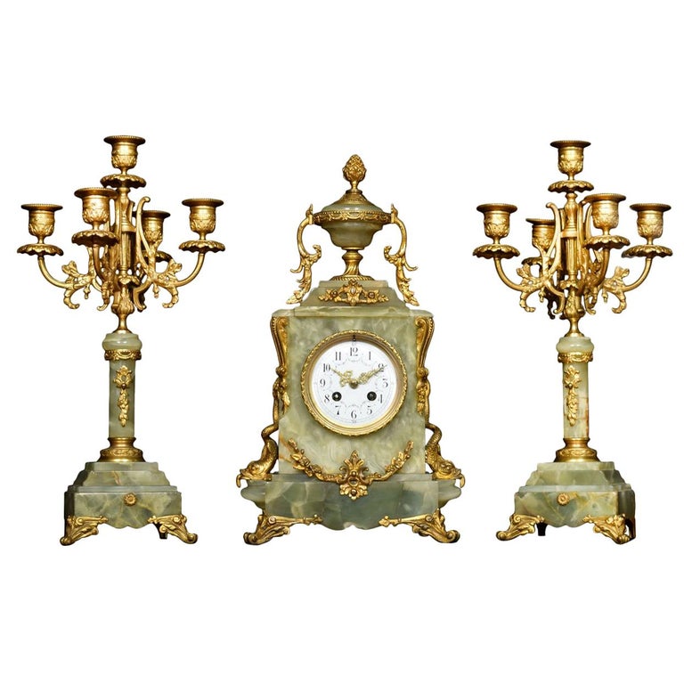 19th Century French Onyx and Gilt Metal Clock Set at 1stDibs