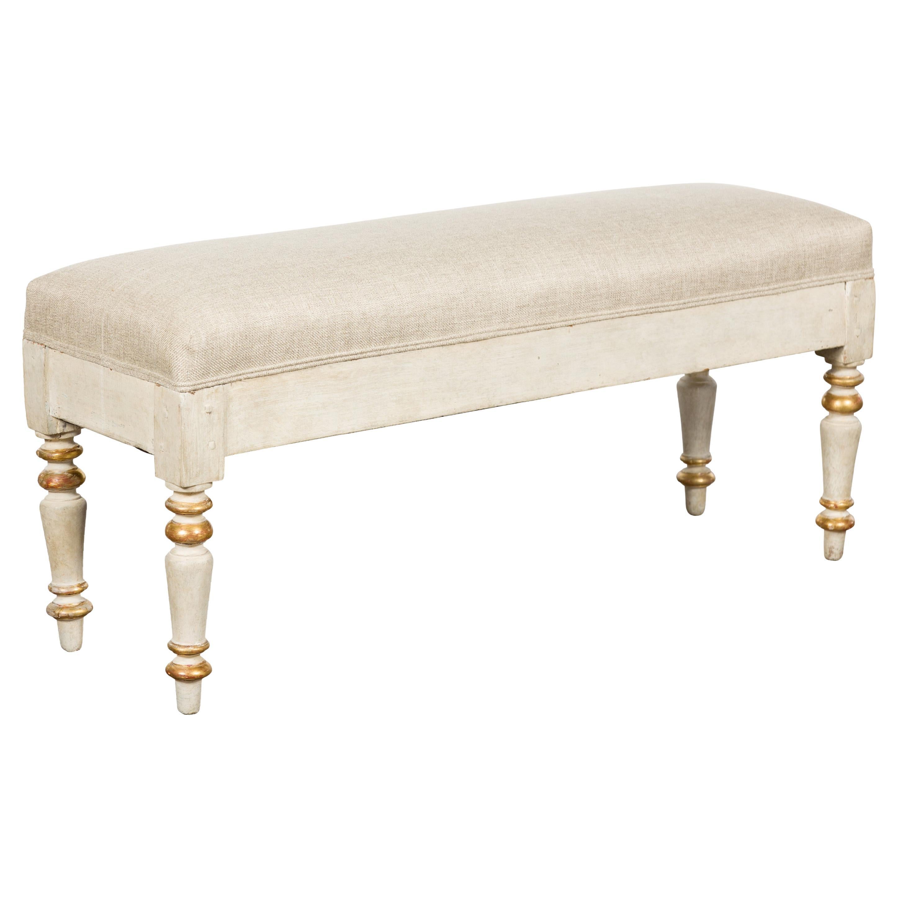 19th Century French Painted and Gilded Bench with Turned Legs and ...