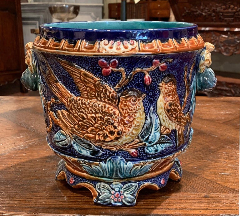 19th Century French Painted Ceramic Barbotine Cache Pot with Doves and ...