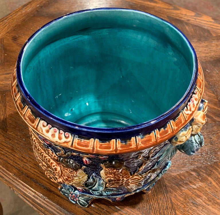 19th Century French Painted Ceramic Barbotine Cache Pot with Doves and ...