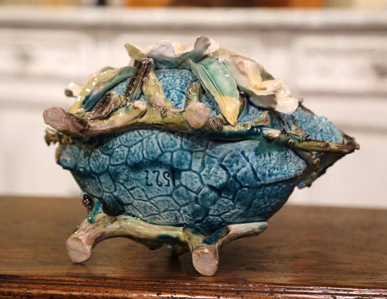 19th Century French Painted Ceramic Barbotine Cache Pot with Floral ...