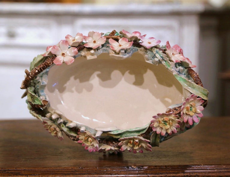 19th Century French Painted Ceramic Barbotine Cache Pot with Floral ...