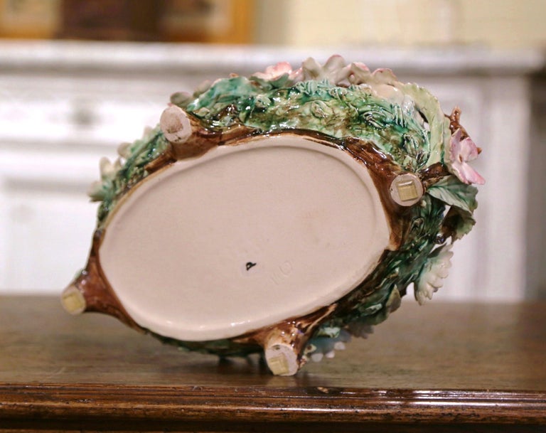 19th Century French Painted Ceramic Barbotine Cache Pot with Floral ...