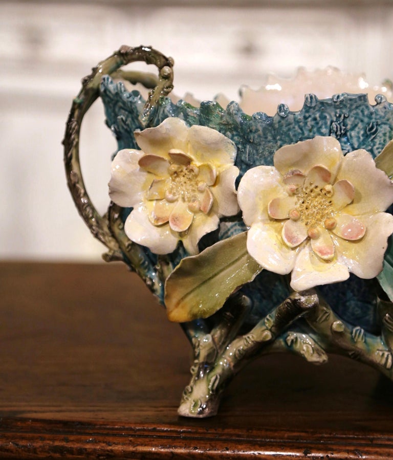 19th Century French Painted Ceramic Barbotine Cache Pot with Floral ...