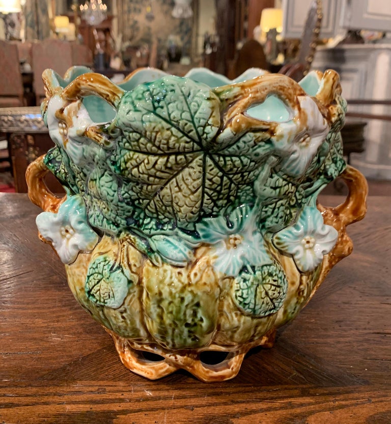 19th Century French Painted Ceramic Barbotine Cache Pot with Floral ...