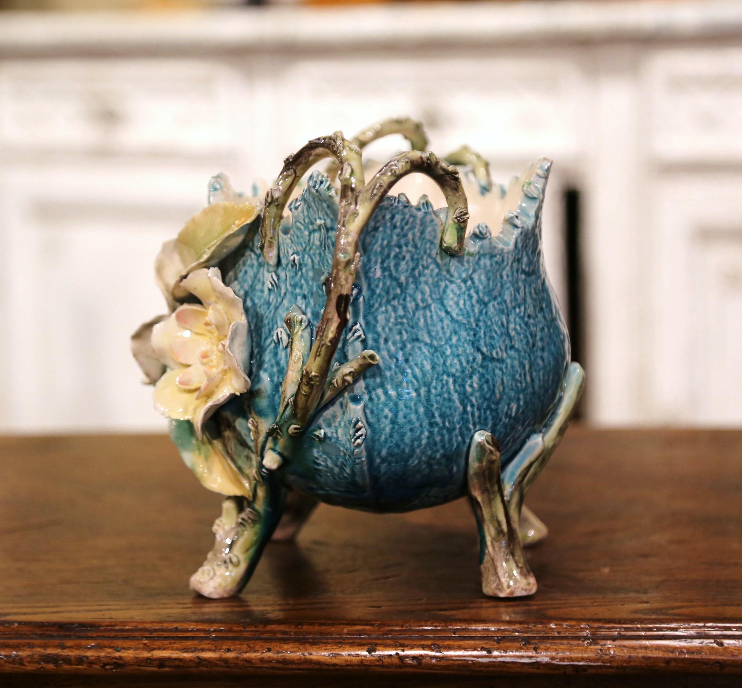 19th Century French Painted Ceramic Barbotine Cache Pot with Floral ...