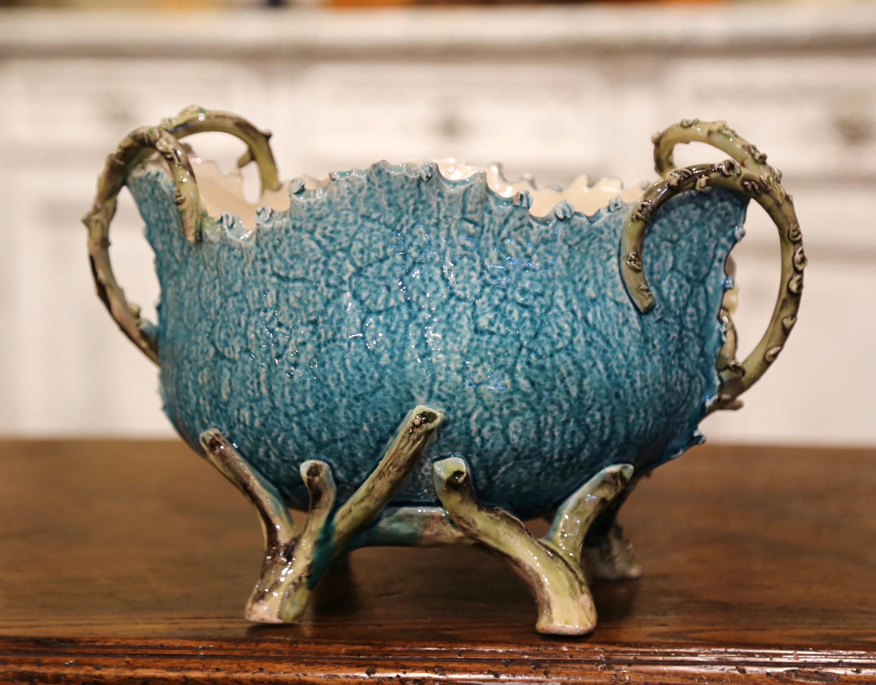 19th Century French Painted Ceramic Barbotine Cache Pot with Floral ...